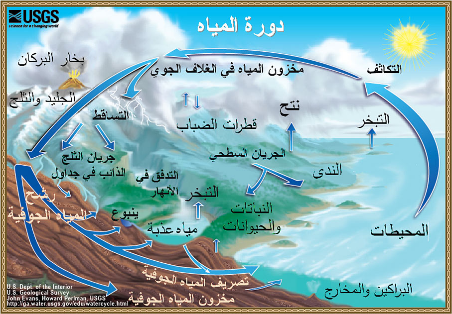 رسم تخطيطي لدورة المياه Diagram Of The Water Cycle In Arabic